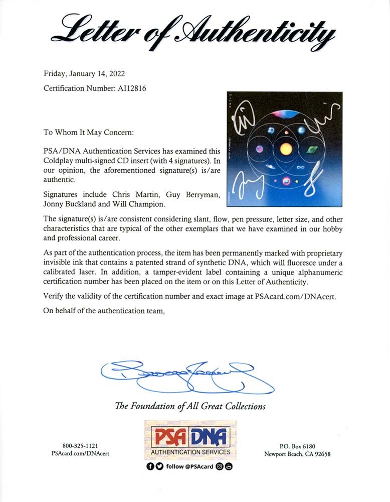 Coldplay Signed CD Cover Certified Authentic PSA/DNA COA