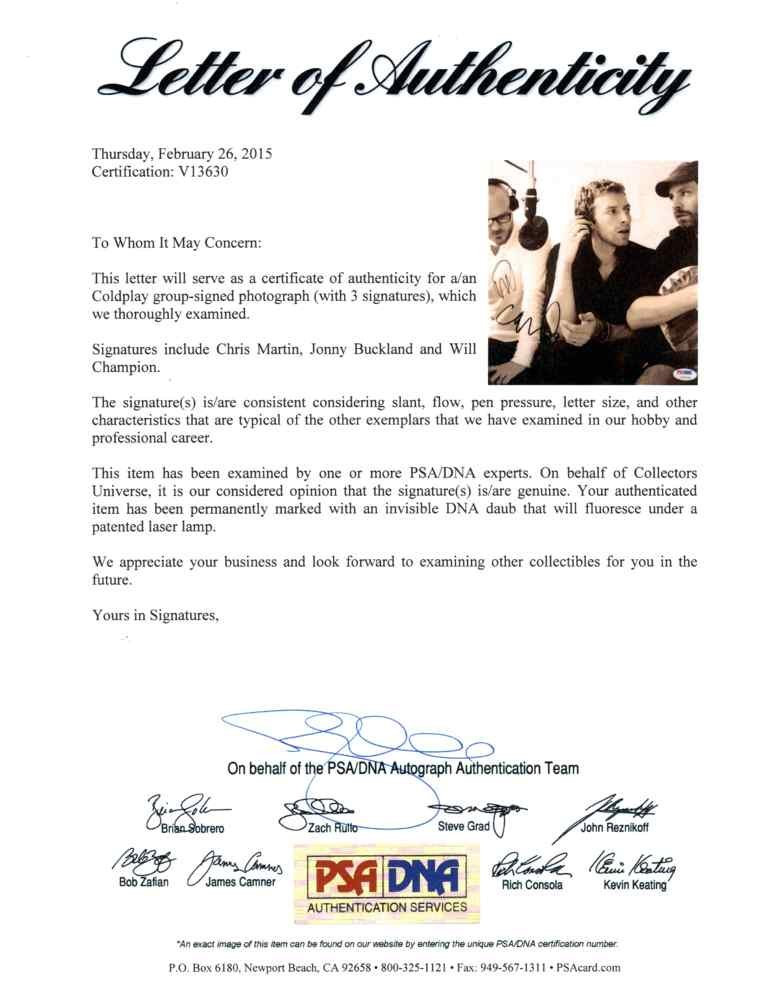 Coldplay Signed 11x14 Photo Certified Authentic PSA/DNA COA