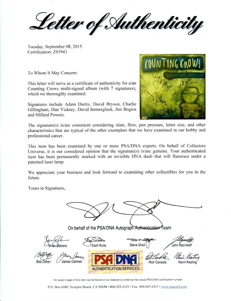 Counting Crows Signed Record Album LP Certified Authentic PSA/DNA COA